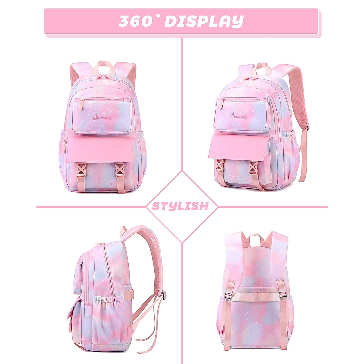 Tanou Kids Backpacks for Girls, 16 Inch Elementary Middle School Backpack, 2023 Lightweight Girl Bookbags with Anti-theft Pocket, Pink
