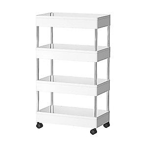 Camidy Rolling Storage Cart, 4-Tier Bathroom Organizer Utility Cart Laundry Room Organization Mobile Shelving Unit with Hooks, Lockable Wheel for Kitchen Bedroom Office