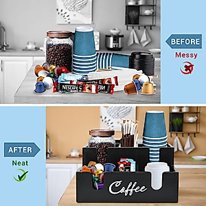 Disposable Coffee Cup Dispenser Lid Holder for Counter, Wood 6 Compartments Coffee Station Organizer for Cup Lid Sleeve Pods Condiment, Paper Cup Dispenser Coffee Bar Accessories Storage Organizer