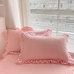 MOOWOO Chic Ruffle Lace Polyester Duvet Cover Set -Girl Pink Bedding-3 Piece Full Duvet Cover with Zipper Closure -Ultra Soft and Light Weight (Pink, Full)