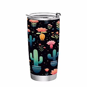 Wassud Cactus Pattern 20 oz Tumbler with Lid and Straw Stainless Steel Double Wall Vacuum Tumblers Insulated Travel Coffee Mug for Cold and Hot Drinks