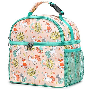 MIER Kids Lunch Bag for Boys Girls Insulated Toddlers Lunch Box Bags Kid Lunch Cooler Tote for School Picnic Travel Outdoor, Dual Compartments, Orange/Green-Unicorn/Fox