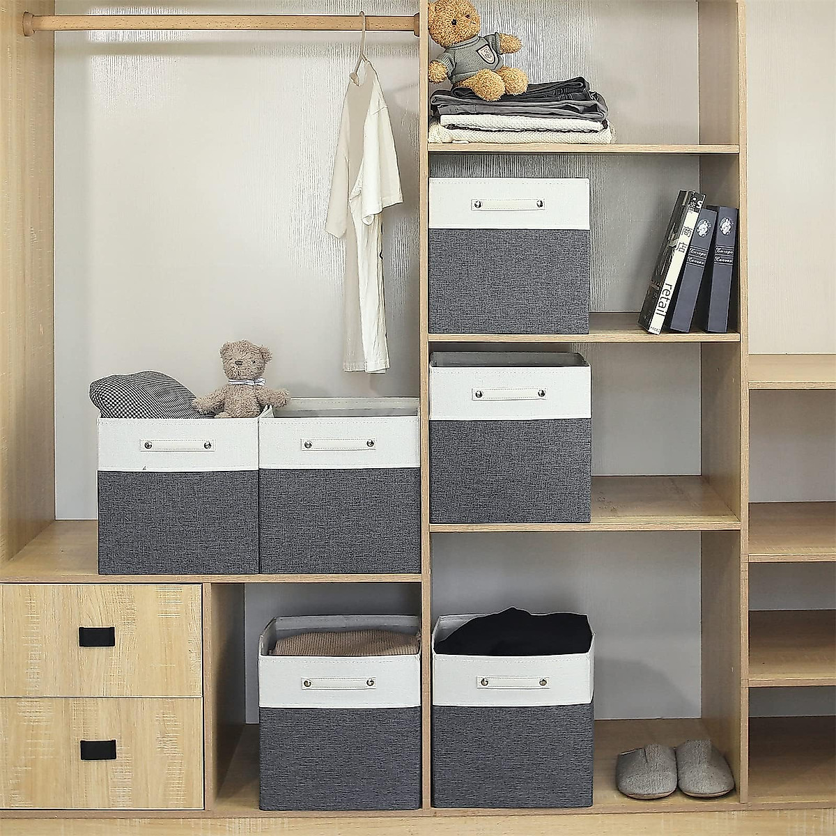 FinishingBo 13x13x13 Cube Storage Bins, Collapsible Fabric Storage Cubes Organizer , Foldable Large Storage Baskets for Nursery, Toys Organizing Closet, Shelf Cabinet（6Pack, White and Grey