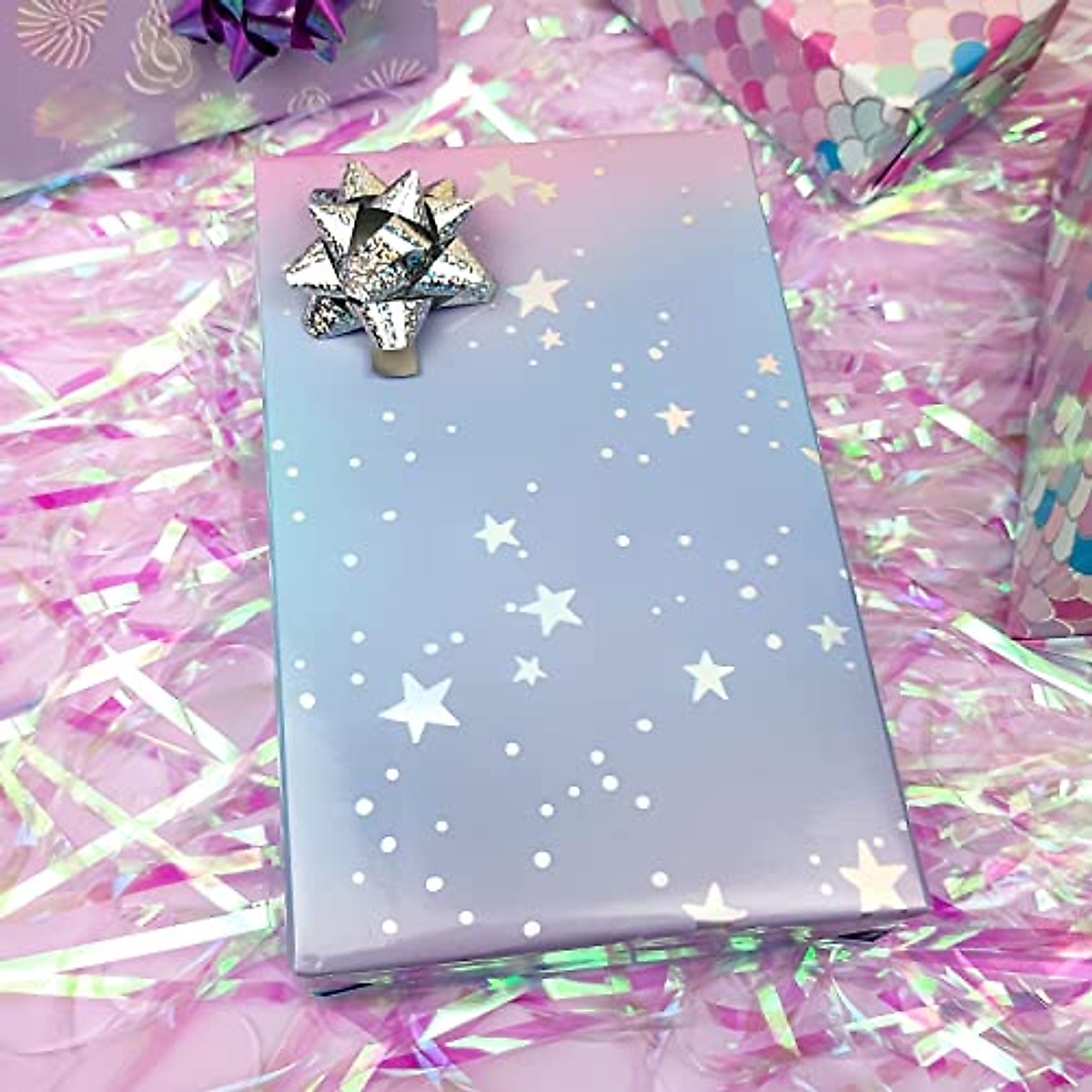 LDGOOAEL Mini Short Small Wrapping Paper Roll with Cut Lines on Reverse (17" X 120" Per Roll) - Purple Mermaid Scales/Galaxy with Glitter Metallic Foil Shine for Birthday, Wedding, Baby Shower,Bridal Showers