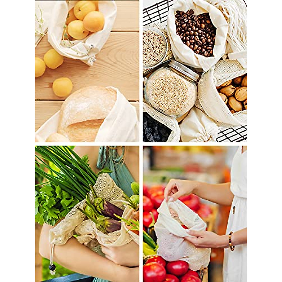 Mandala Crafts Reusable Organic Cotton Produce Bags for Refrigerator – Muslin Bags with Drawstring – Cotton Drawstring Bags for Shopping Storage Vegetable Bread Gift 6 PCs