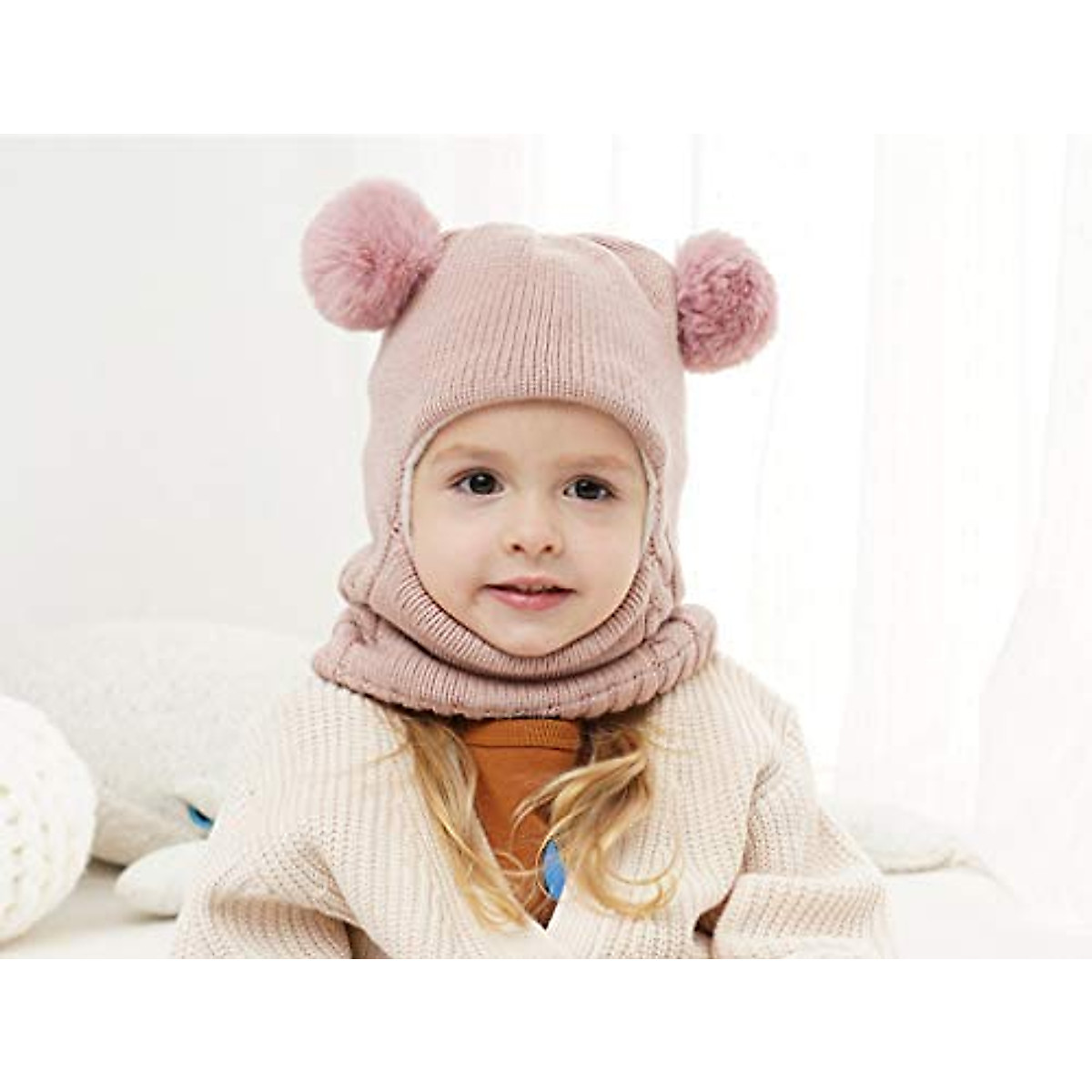 Baby Girls Boys Winter Hat Scarf Earflap Hood Scarves Skull Caps Pink