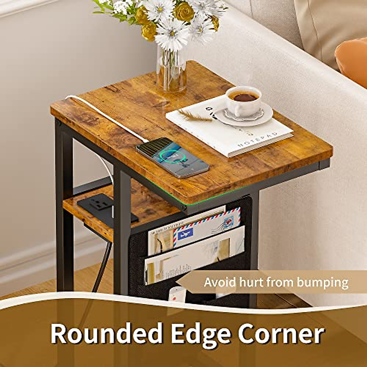 SUPERJARE C Shaped End Table with Charging Station, Side Table with Storage Bag, Couch Table, C Table with USB Port and Outlet, for Living Room, Bed Room, Set of 2, Rustic Brown