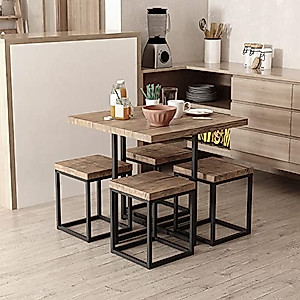 HOMCOM 5 Piece Dining Table Set for 4, Kitchen Table and Chairs for Breakfast Nook, Small Space, Apartment, Space Saving, Walnut Wood Color
