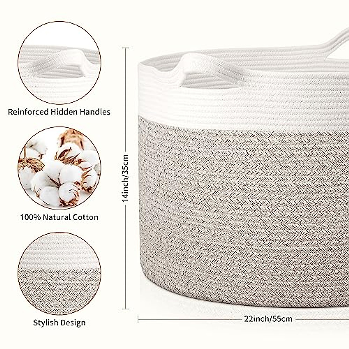 AivaToba Cotton Rope Basket, 22” x 14” Blanket Basket for Living Room, Woven Baby Laundry Baskets with Handles, Toys Basket, Large Baskets for Storage, XXXLarge Cotton Rope Basket for Organizing