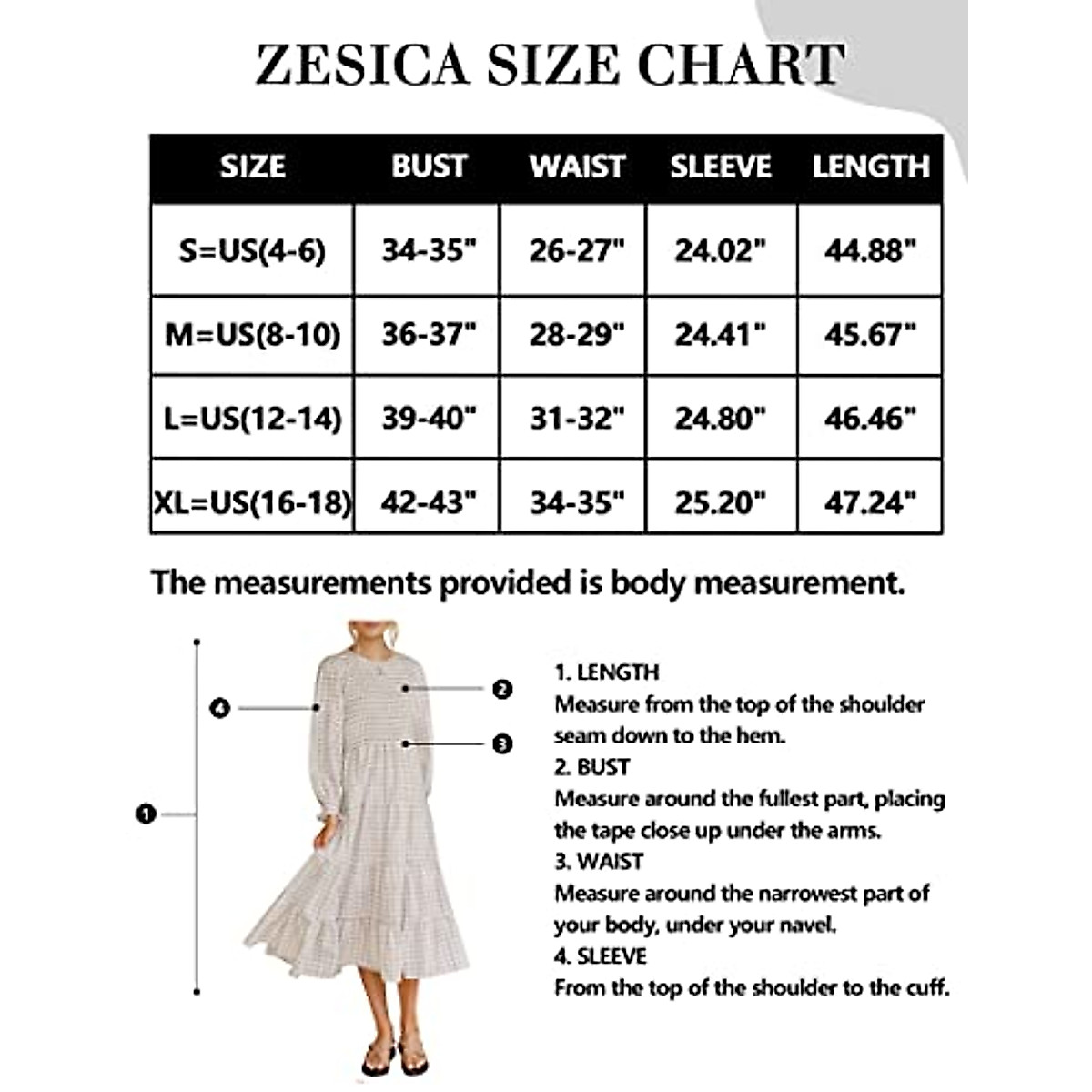 ZESICA Women's Casual Plaid Crew Neck Long Puff Sleeve Elastic Waist Smocked Flowy Tiered Midi Dress,Beige,Medium