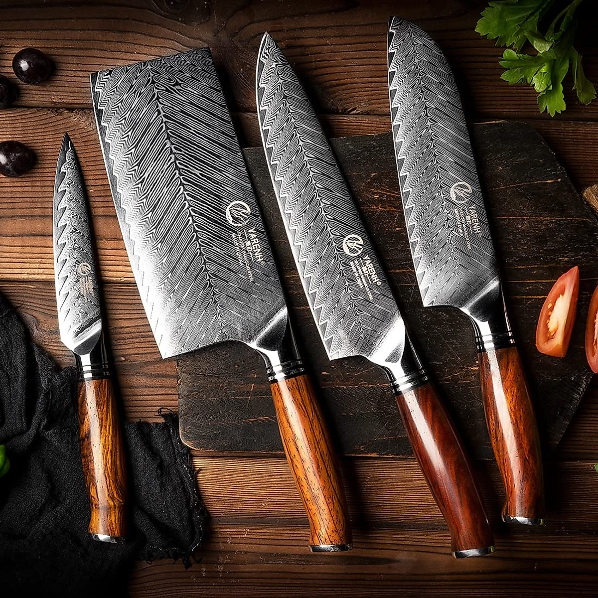YARENH Knife Set with Magnetic Block 5 Piece, Professional Kitchen Knife Set, 73 Layers Damascus High Carbon Stainless Steel, Natural Sandalwood Handle, Sharp Chef Knife