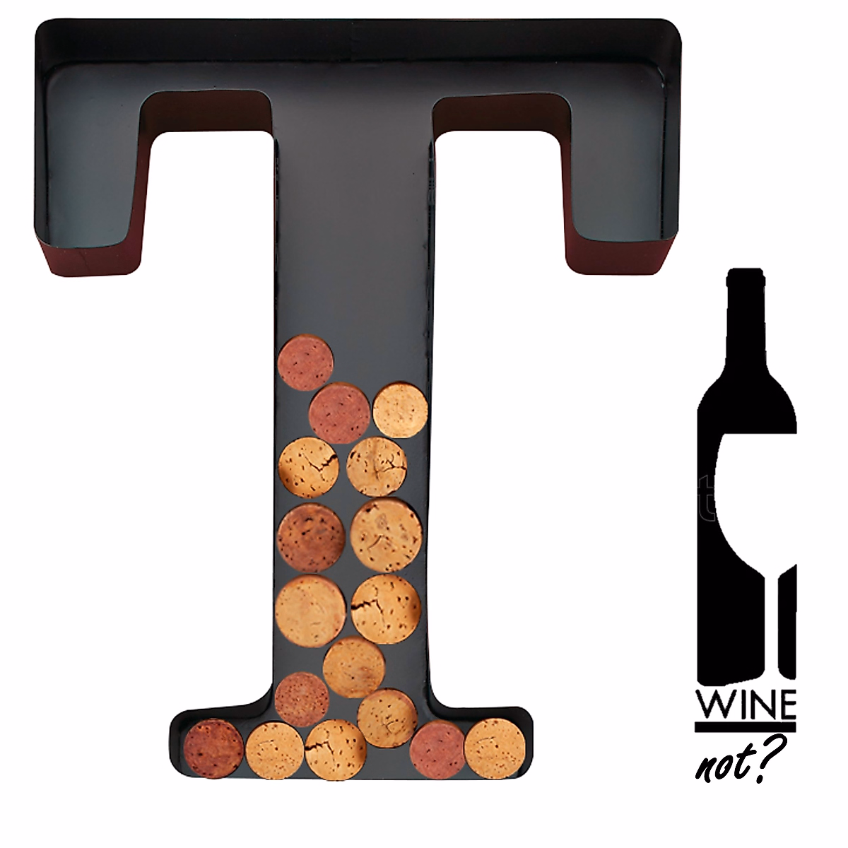 Premium Metal Letter Wine Cork Holder Is A Perfect Bar Decor Made of Durable Metal and A Glossy Black Finish With Rounded Edges , This Bar Cart Accessories Is Easy To Hang , Letter T (9,7”x 2”x 12,2”)