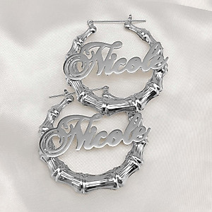 3UMeter Custom Bamboo Hoop Earrings for Women Silver Plated Custom Name Earrings Personalized for Women as a Jewelry Gift