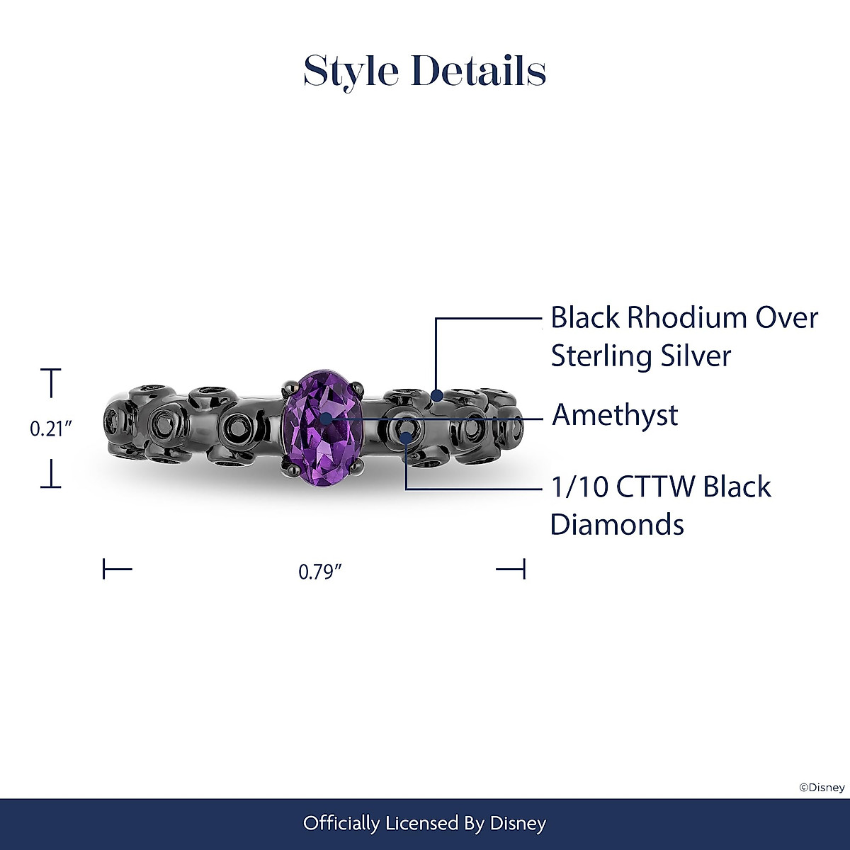Jewelili Enchanted Disney Fine Jewelry Sterling Silver with Black Rhodium 1/10 Cttw Diamond and Amethyst Ursula Ring Size 8