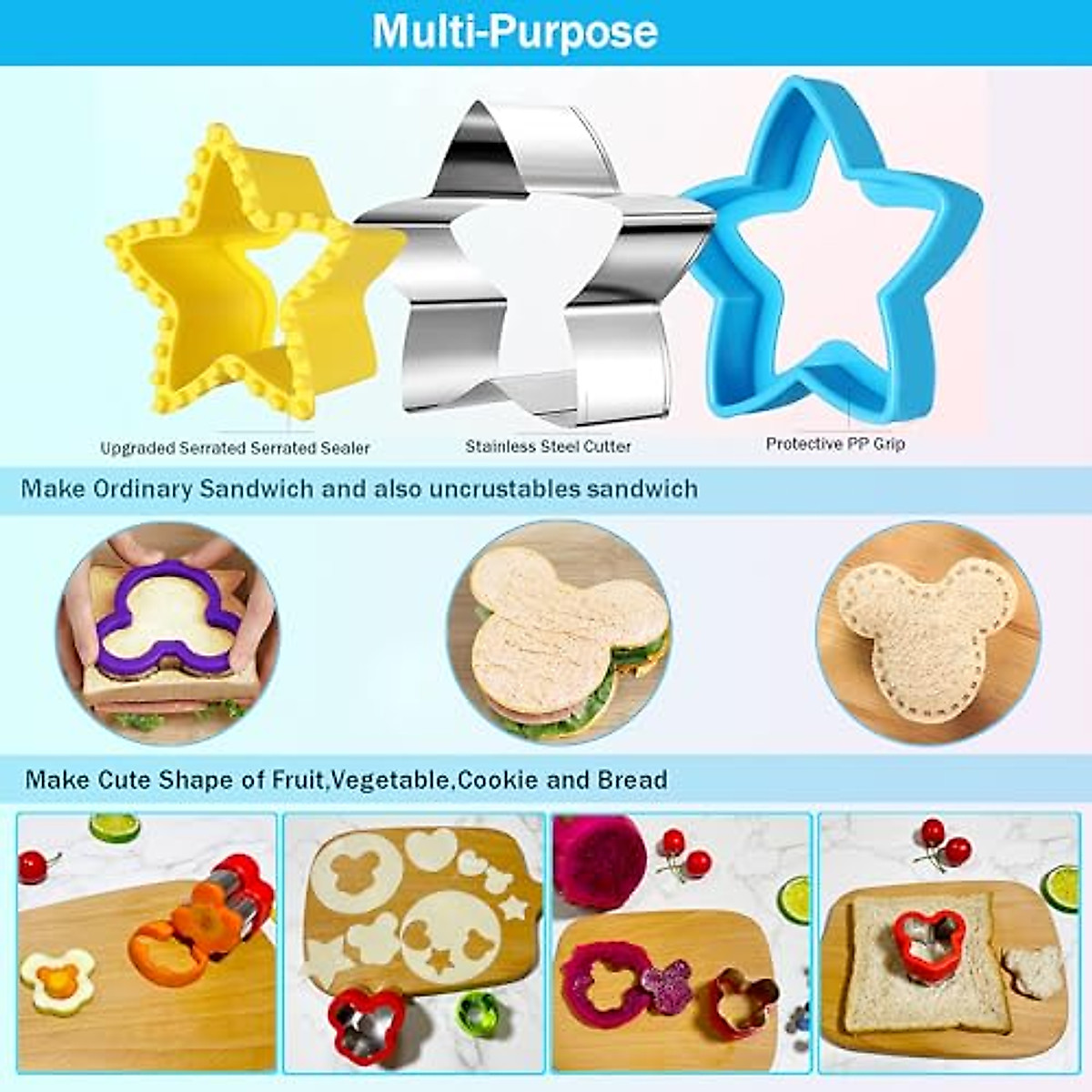 Makmeng Uncrustables Sandwich Cutter for Kids, 30Pcs Cookie Cutters and Sealer Set, Bread Pancake Sandwich Maker for Kids Bento Lunch Box - Vegetable Fruit Cutter Mold with Sandwich Bags & Forks