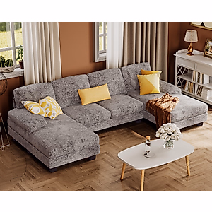 Furmax Sectional Couches for Living Room, U-Shaped Sofa Couch with Linen Fabric, 4 Seat Sofa Set with Double Chaise for Apartment (Fabric, Grey)