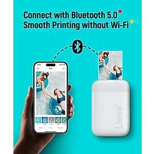 Liene 2x3” Photo Printer, Mini Instant Portable Photo Printer Bundle w/ 50 Zink Adhesive Paper, Bluetooth 5.0, Compatible w/iOS & Android, Small Picture Printer for iPhone, Smartphone, White