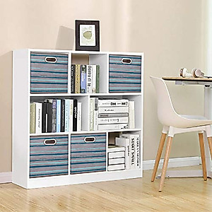 i BKGOO Cloth Storage Bins Set of 4 Thick Fabric Drawers Foldable Cubes Basket Organizer Container with Dual Metal Handles for Shelf Cabinet Bookcase Boxes Gray-Blue stripes 13x13x13 inch