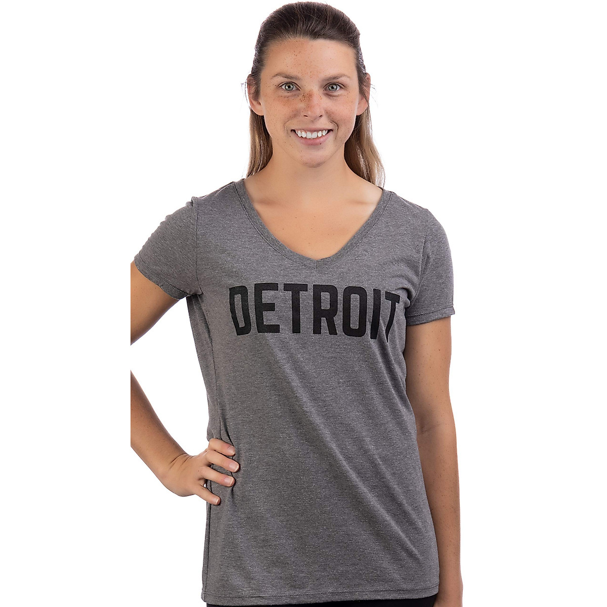 Ann Arbor T-shirt Co. Detroit | Classic Retro City Navy Detroiter 313 Cool Michigan Women V-Neck T-Shirt Top-(GreyV,XL)