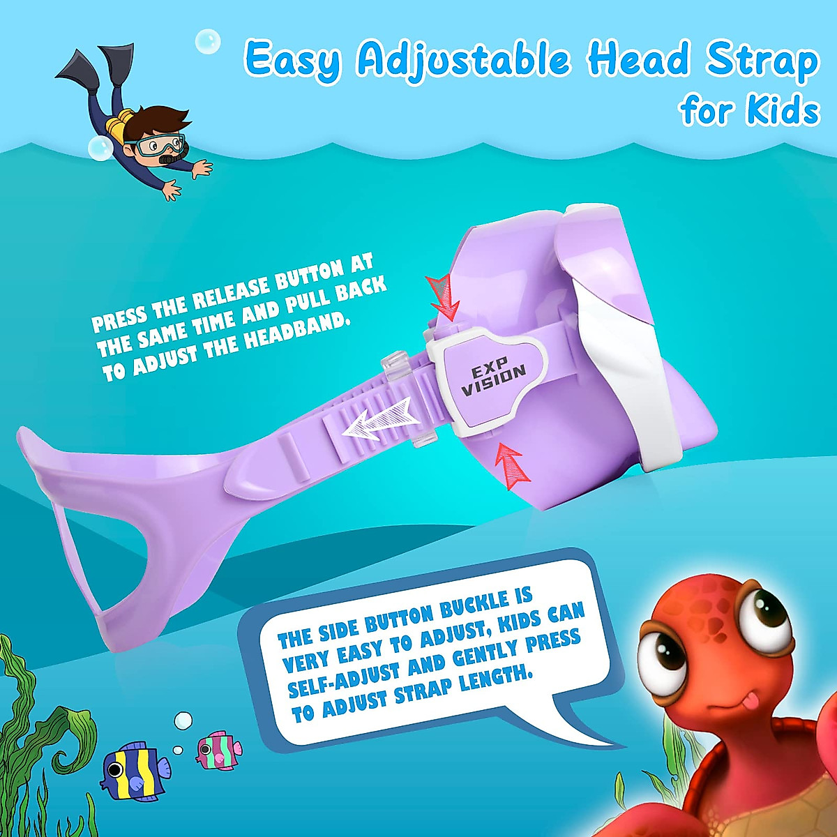 Kids Swim Mask 180° Snorkel Diving Mask, Anti-Fog Child Swim Goggles with Nose Cover No-Leak Swimming Goggles Anti-Shattered Lens for Youth 4-15 (Purple)