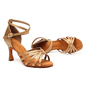 AOQUNFS Women Latin Dance Shoes Satin Professional Ballroom Salsa Practice Performance Dancing Shoes,213,Beige-8.5,US 8.5