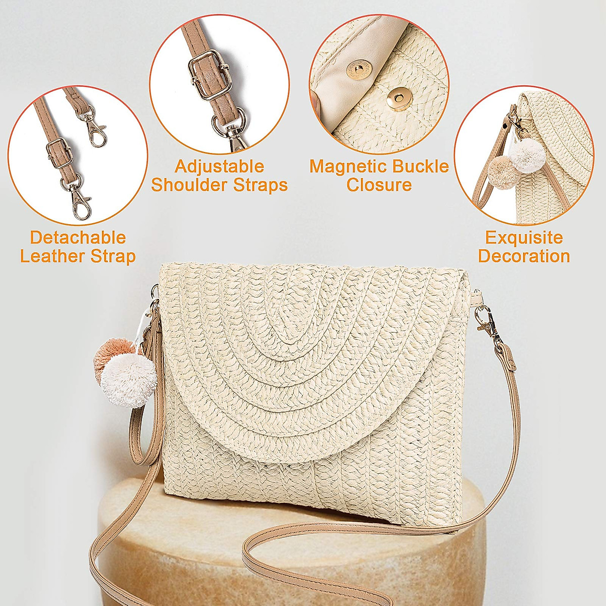 Kadell Straw Shoulder Bag, Straw Clutch Women Handmade Straw Bag Summer Beach Envelope Purse Wallet (Off-white)