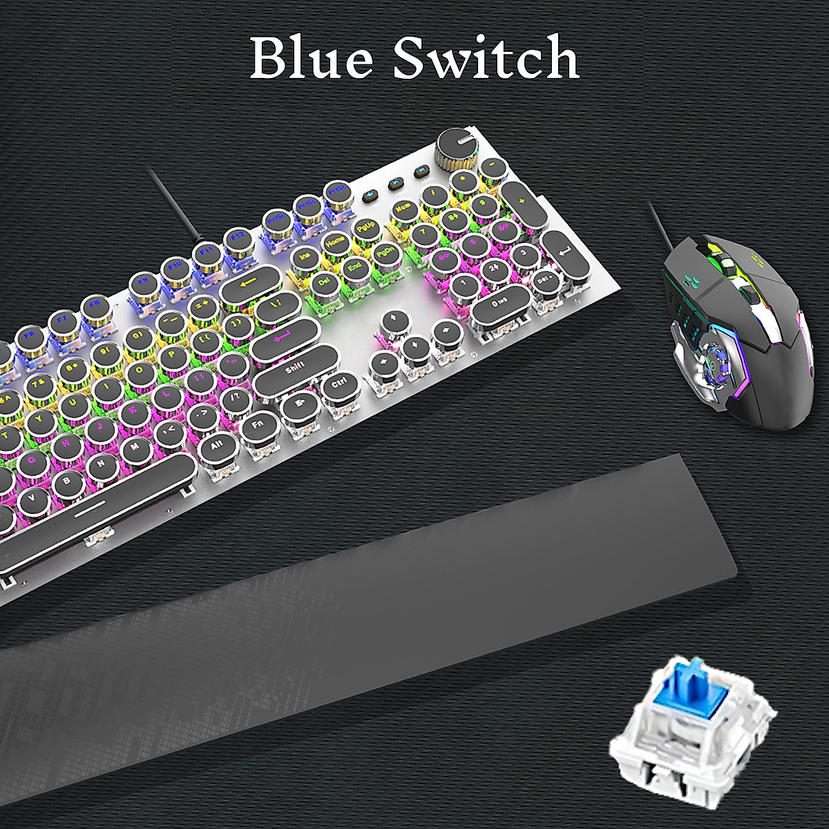 Mechanical Gaming Keyboard with Mouse Combo Multifunctional Mouse Pad 104 Keys White LED Backlit Keyboard with Palm Wrist Typewriter-Style USB Wired Gaming Keyboard for PC Mac Laptop