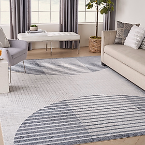 Nourison Astra Machine Washable Geometric Ivory Blue 7'10" x 10' Area -Rug, Easy -Cleaning, Non Shedding, Bed Room, Living Room, Dining Room, Kitchen (8x10)