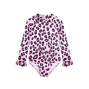 Alakuoti Long Sleeve One Piece Ruffle Swimsuit for Toddler Girls Baby Girl Rashguard Shirt with UPF 50+ Sun Protection (as1, Age, 0_Month, 12_Months, Pink Leopard)