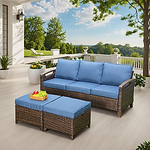 Outdoor Patio Ottoman Set of 2,Wicker Ottoman Seat with Comfy Cushions, Patio Rattan Furniture,Outdoor Ottoman Foot Rest with Steel Frame,All Weather Rattan Wicker Ottoman Seat for Backyard Porch