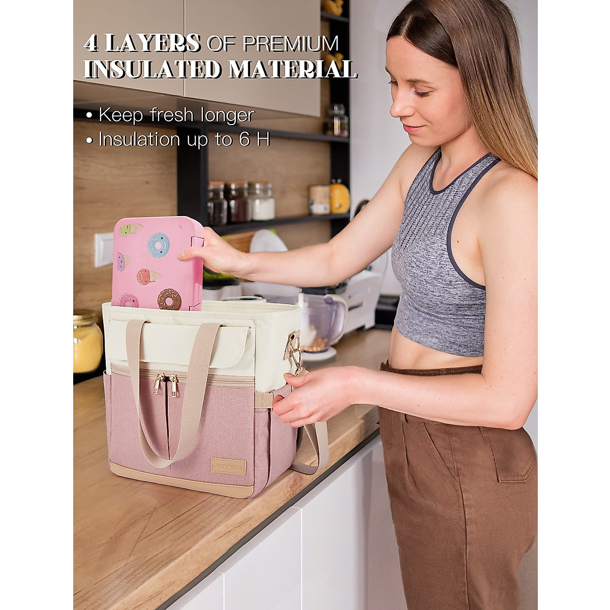 JOYHILL Lunch Bag for Women, Lunch Tote Leakproof Insulated Lunch Box with Shoulder Strap, Adult Reusable Lunch Cooler Tote Bags for Work Picnic Camping Beach (A-PINK)