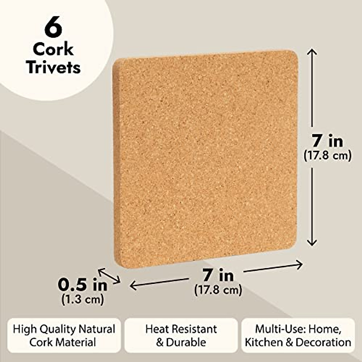 6-Pack Square Cork Trivet, Corkboard Placemats, Cork Hot Pads for Table, Home Kitchen, Hot Pots, Pans, and Kettles, Heat Resistant, Multifunctional (7x7 inches)