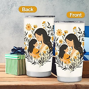 FOCIUZTA 20oz Adorable Floral Yellow Mother and Child Pattern Tumbler with lid, Travel Coffee Cup, Ideal for Easter, Mother Day, and birthday gifts