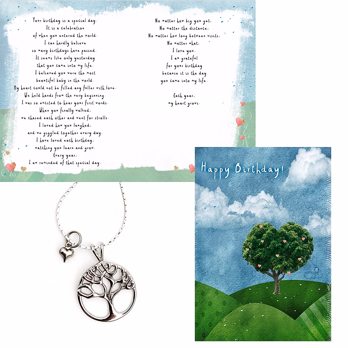 Smiling Wisdom - Happy Birthday Greeting Card and Tree Heart Necklace Keepsake Gift Set - Daughter Granddaughter From Parent - Stainless Steel - Love Grows
