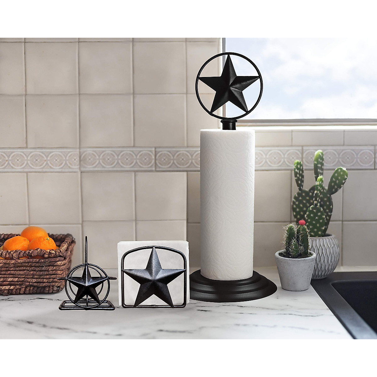 Black Rustic Texas Star Paper Towel Holder - Country Farmhouse Iron Metal Primitive Kitchen Countertop Paper Towel Holders, Western Style Stand for Paper Towels, Table Decor (Paper Towel Holder)
