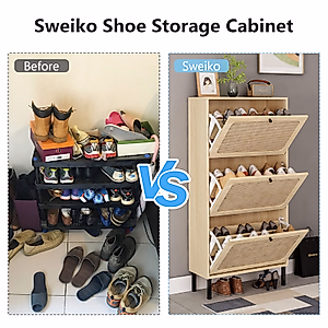 Sweiko 3 Flip Drawer Shoe Cabinet Natural Rattan Shoe Cabinet Organizer Freestanding Wooden Shoe Rack Storage Cabinet with Metal Legs for Entryway Hallway Bedroom Mudroom