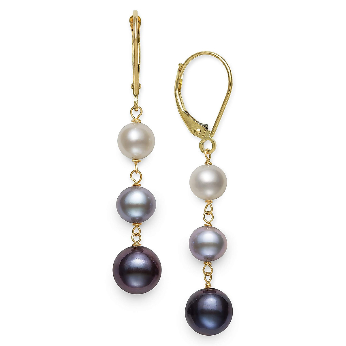 14k Yellow Gold Cultured Freshwater Pearl Trio Dangle Drop Earrings (Multi-Black)