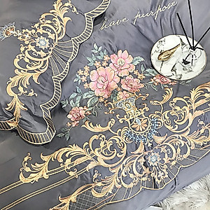 4 Pieces Duvet Cover Set European style light luxury 60S cotton embroidery Bedding Sets 1 Duvet Cover 2 Pillow Shams 1 fitted sheet Twin Double Queen King ( Color : Silver Grey , Size : 200x230cm-180x