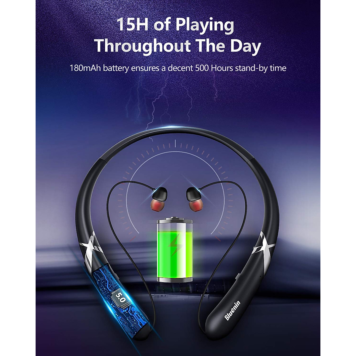 Bluenin Bluetooth Headphones, Bluetooth Neckband Wireless Headphones Bluetooth 5.0 Retractable Earbuds Stereo Headset CVC 8.0 Noise Cancelling Call Vibrate Alert Earphones with Mic (Black)