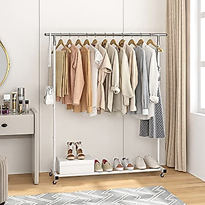 Buzowruil Clothing Rack Clothes Rack Standard Rod Simple Rolling Metal Garment Rack Organizer Freestanding Hanger with Wheels,White with Silver