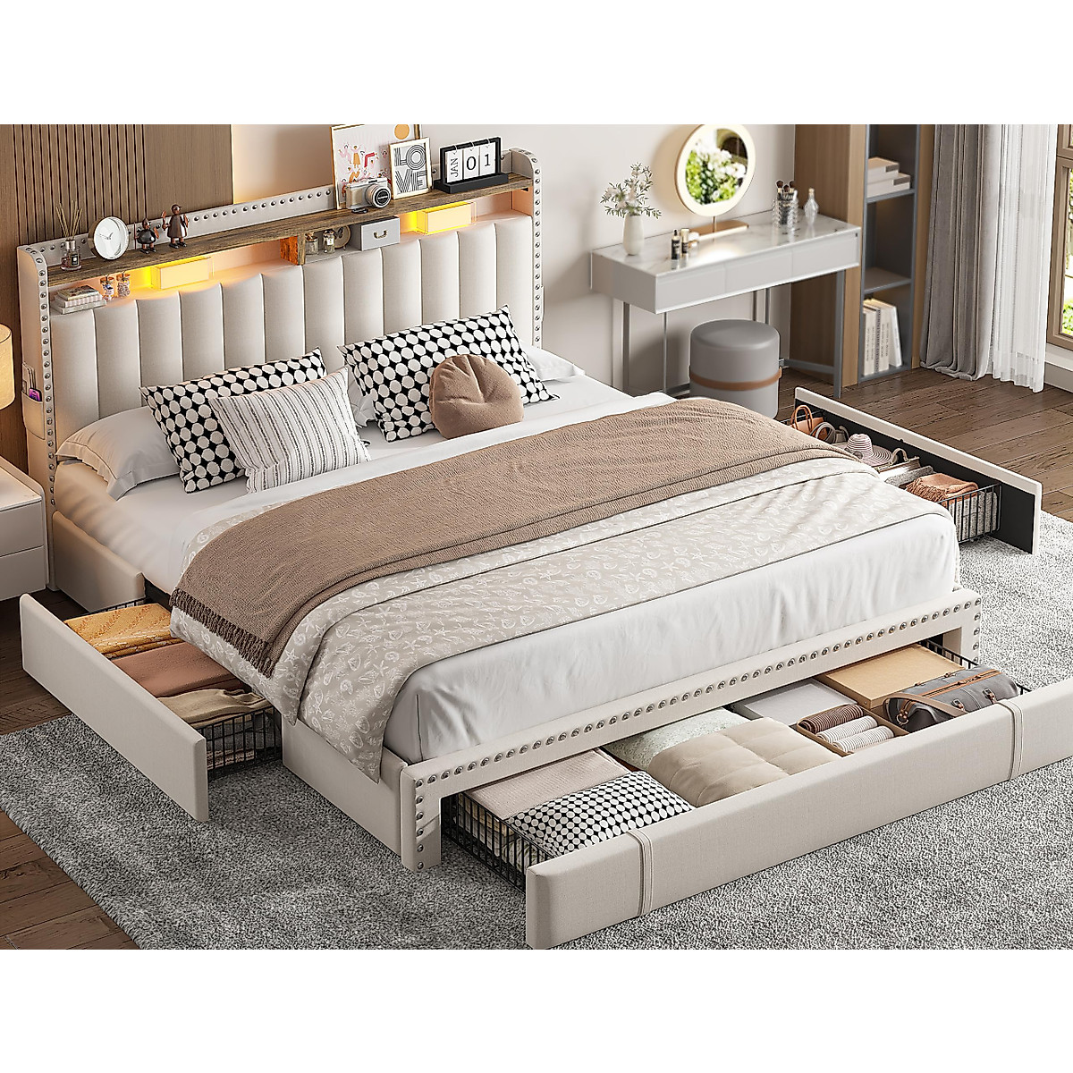 EnHomee Queen Bed Frame with Headboard and 3 Large Drawers, Upholstered Platform Bed Frame Queen Size with Storage, Queen Size Bed Frame with Headboard, Sturdy, No Box Spring Needed, No-Noise, Beige