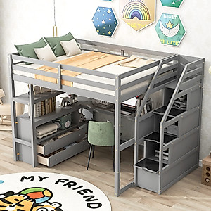Harper & Bright Designs Gray Full Loft Bed with Staircase and Desk, Wooden Full Size Loft Bed with Storage Shelves & 2 Drawers, Full Loft Bed Frame with Step for Kids Boys Girls Teens