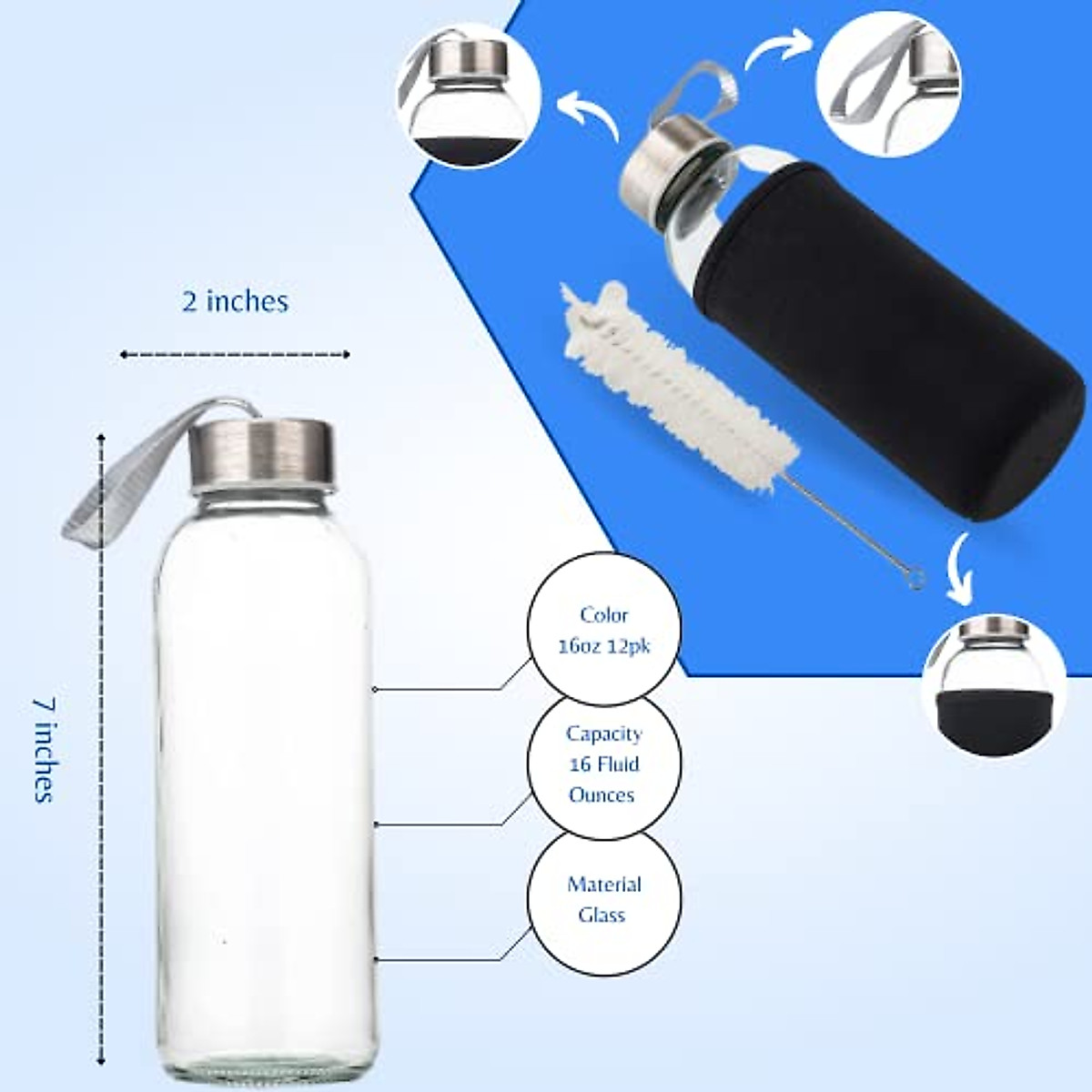 SureSave Glass Water Bottles with Stainless Steel Lids and Sleeves | 16 Oz Reusable Glass Bottles with Carrying Loop for Eco-Friendly Travel Drinks and Beverages (6 Pack)