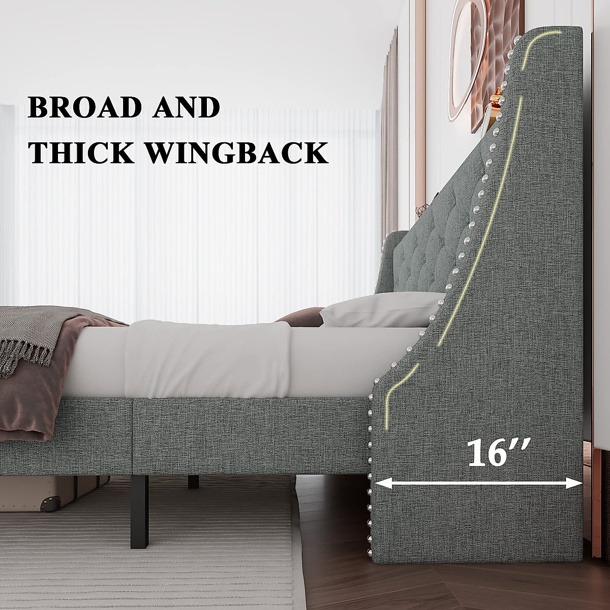 Feonase Upholstered Queen Bed Frame with Wingback Headboard, Deluxe Platform Bed Frame with Diamond Tufting & Storage Shelf, Wood Slats, Noise-Free, No Box Spring Needed, Easy Assembly, Light Gray