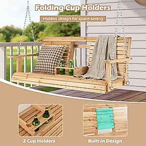 Giantex Outdoor Hanging Porch Swing - 2-Seat Wood Swing Bench with Folding Cup Holder and Sturdy Metal Hanging Chains, Outside Patio Swing Chair for Garden, Backyard, Poolside, Natural