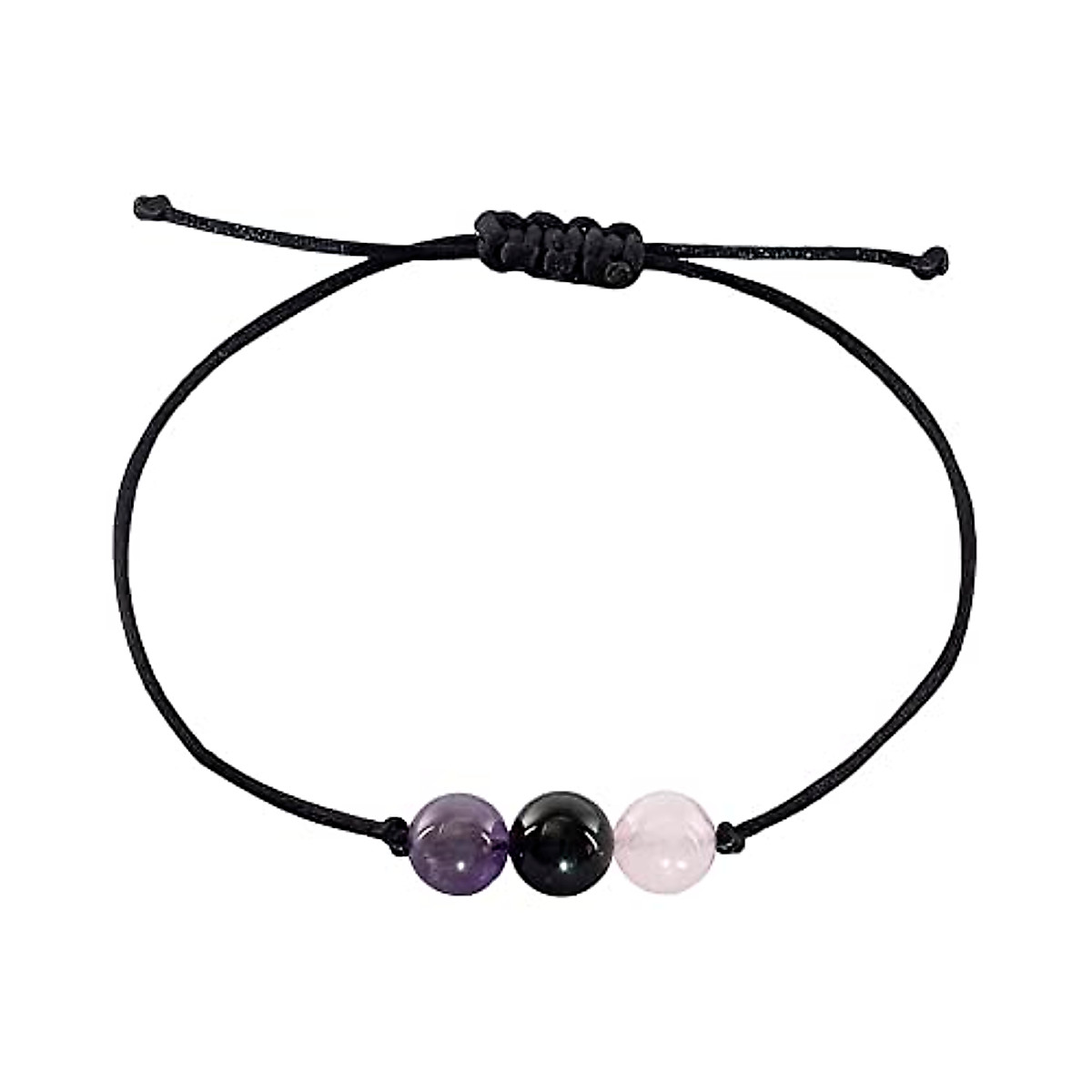 BOHO GARDEN Healing Bead Bracelets for Anxiety - Spiritual Crystal Beaded Bracelet - Made of 3 Real & Natural Gemstones, Adjustable 3-9.7” Black Rope - Gem Stones Jewelry for Men, Women, Teens, Kids - 8mm Bead