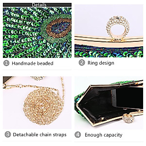 Peacock Evening Bag Sequins Beaded Clutch Purse with Ring Lock Closure for Wedding Party Peacock Blue