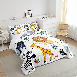 Feelyou Kids Zoo Animal Comforter Set Cute Wild Animals Bedding Set Cartoon Safari Wild Print Comforter for Boys Girls Children Teens Bedroom Decor Exotic Natural Theme Duvet Set Twin Size
