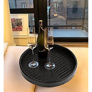 HofferRuffer Faux Leather Round Serving Tray, Vegan Croco Leather Decorative Tray, Food Tray for Storage Drinks, Snack & Cosmetics, Dia.12'' x 1.6'' (Black)
