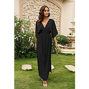 Meenew Women's Deep V Neck Summer Maxi Dress Flowy Long Beach Dress Black S